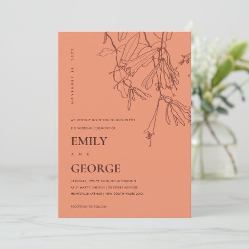 ORANGE RUST LINE DRAWING FLORAL WEDDING INVITE | Zazzle