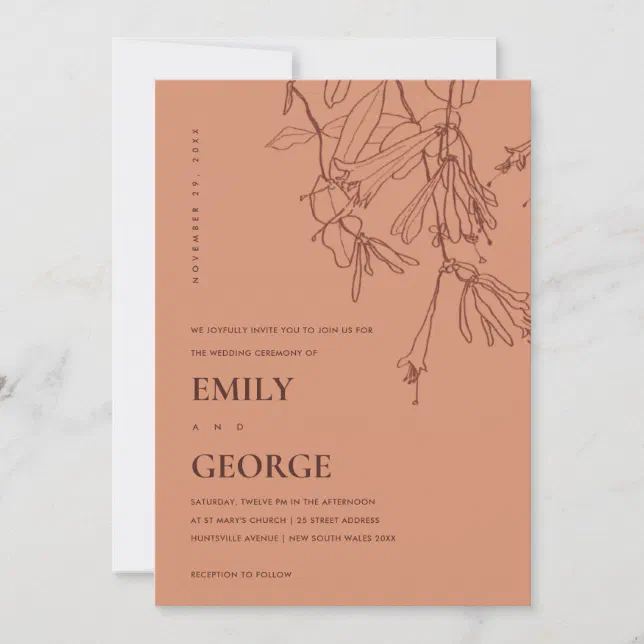 ORANGE RUST LINE DRAWING FLORAL WEDDING INVITE | Zazzle