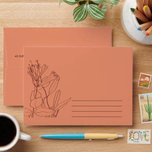 ORANGE RUST RED KRAFT LINE DRAWING FLORAL ADDRESS ENVELOPE | Zazzle