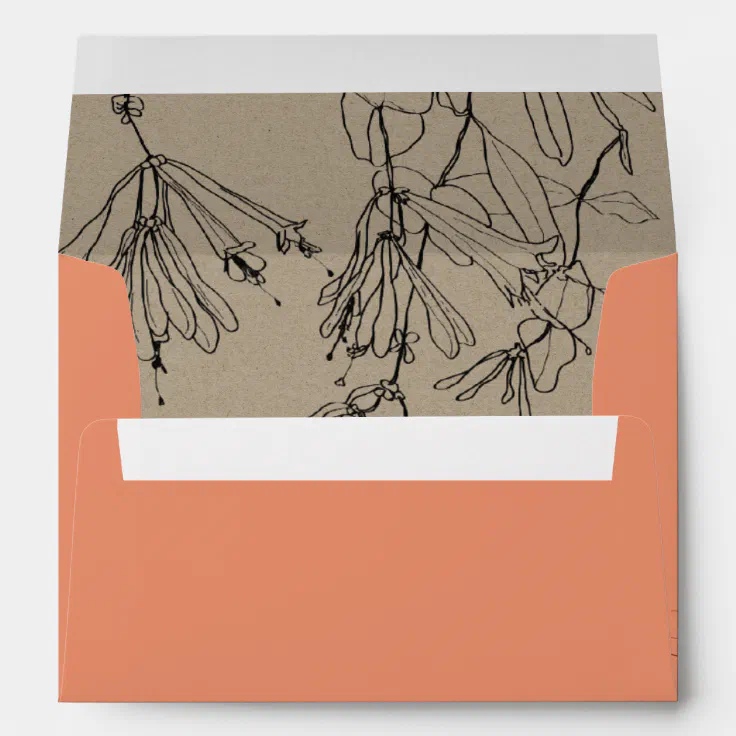 ORANGE RUST RED KRAFT LINE DRAWING FLORAL ADDRESS ENVELOPE | Zazzle