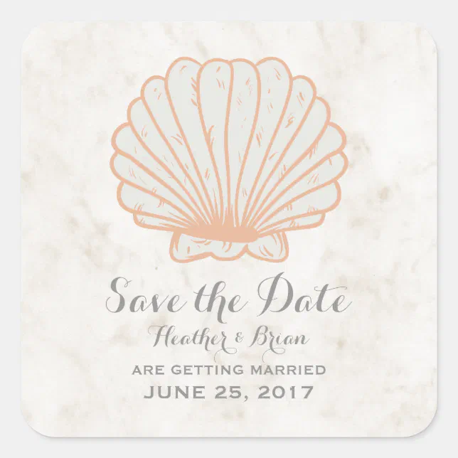 Orange Rustic Seashell Save the Date Square Sticker | Zazzle