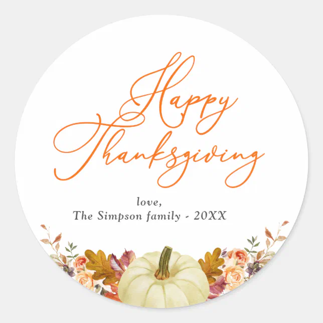 orange script happy thanksgiving classic round sticker | Zazzle