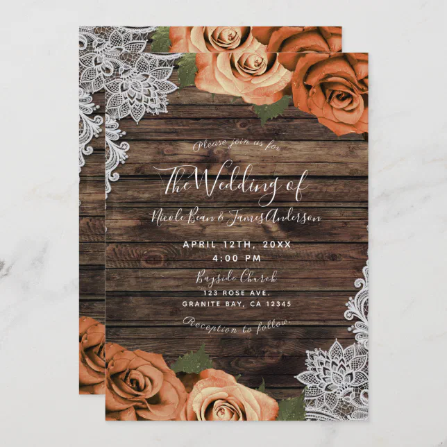 Orange Spice Floral Roses Rustic Wood Lace Wedding Invitation | Zazzle