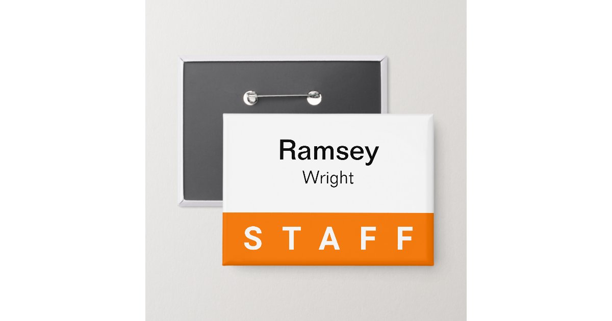 Orange Staff Pinback Badge Button Employee Nametag | Zazzle