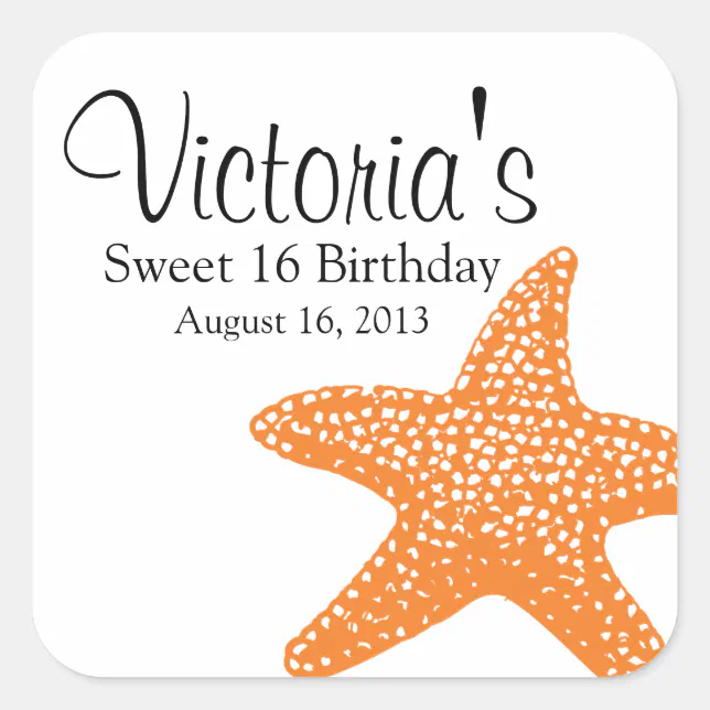 Orange Starfish Beach Birthday Square Sticker | Zazzle