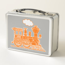 Orange steam loco train kids name lunch box | Zazzle