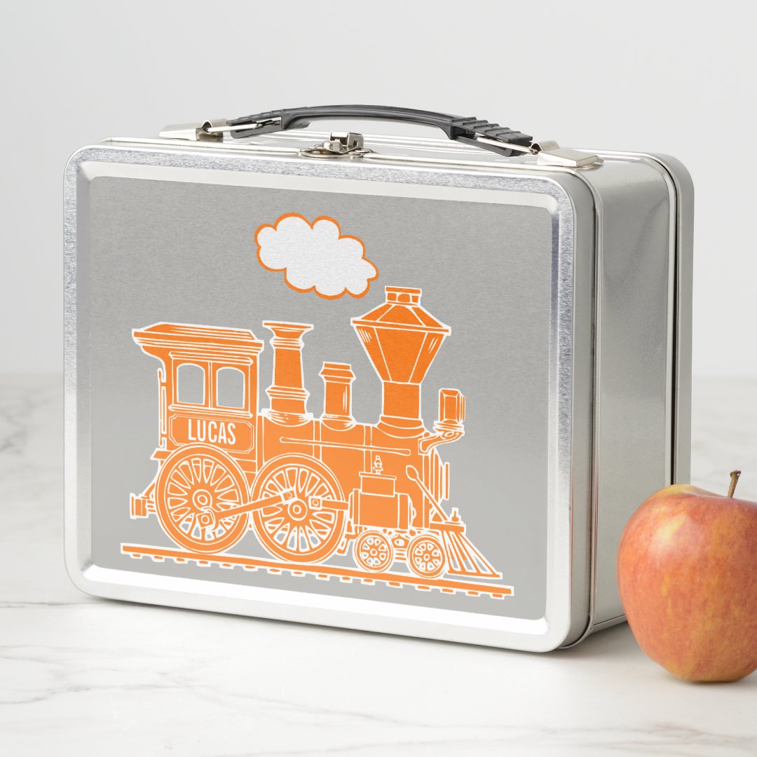 Orange steam loco train kids name lunch box | Zazzle