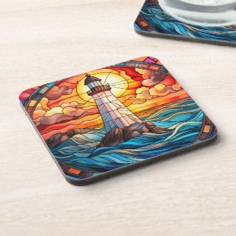 Orange Sunset Lighthouse Stained Glass Beverage Coaster | Zazzle