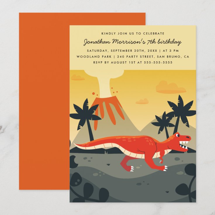 Orange T-Rex & Volcano Modern Boy Birthday Party Invitation | Zazzle