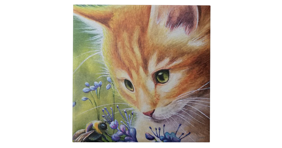 Orange Tabby Kitten & Bumblebee Watercolor Art Ceramic Tile | Zazzle