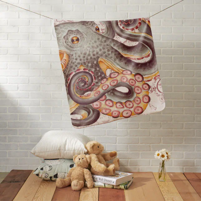 Orange Tangerine Octopus Tentacles Vintage Map Baby Blanket | Zazzle