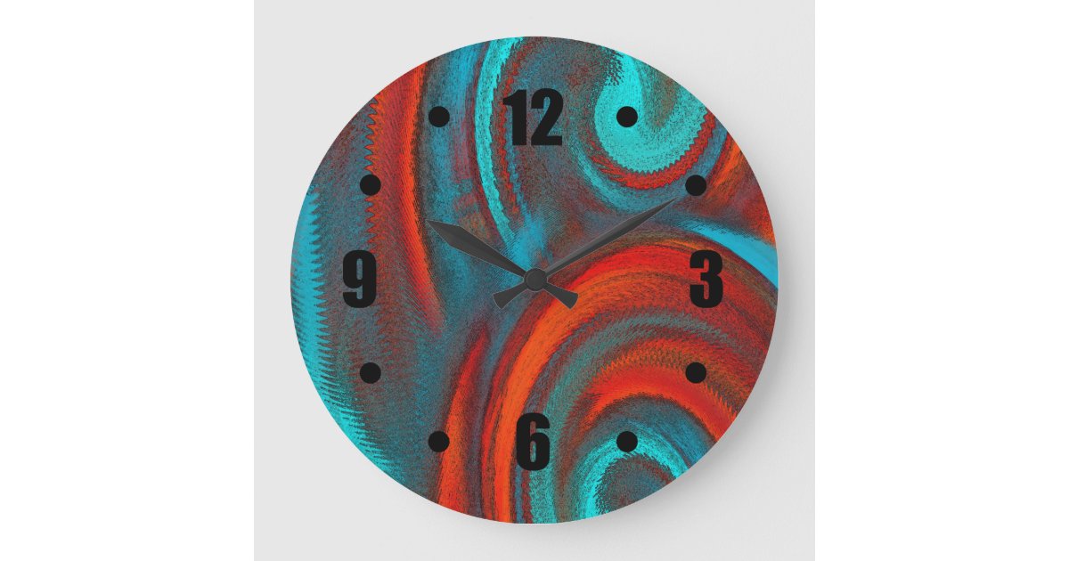 Orange Teal Swirling Abstract Design Large Clock | Zazzle