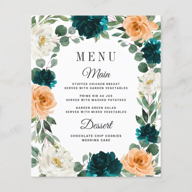 Orange Teal Turquoise Blue Boho Wedding Menu Cards | Zazzle