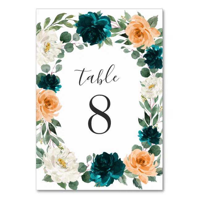 Orange Teal Turquoise Blue Elegant Floral Wedding Table Number | Zazzle