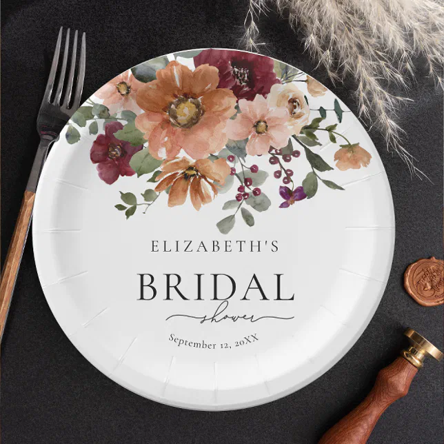 Orange Terracotta Burgundy Floral Bridal Shower Paper Plates | Zazzle
