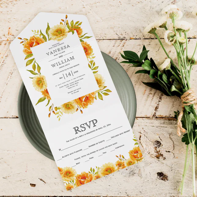Orange watercolor floral border sping wedding all in one invitation ...