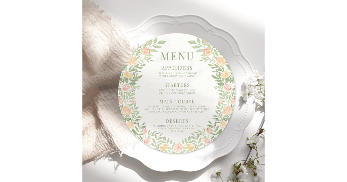 Orange watercolor floral round Menu Card Plate | Zazzle