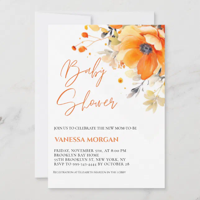 Orange Watercolor Flowers Baby shower invitation | Zazzle