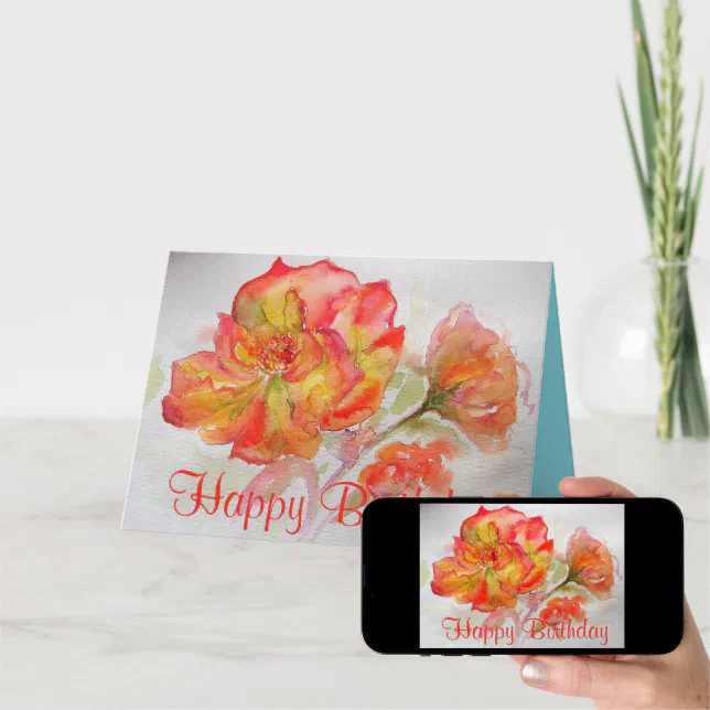 Orange Watercolour Rose Birthday Card | Zazzle