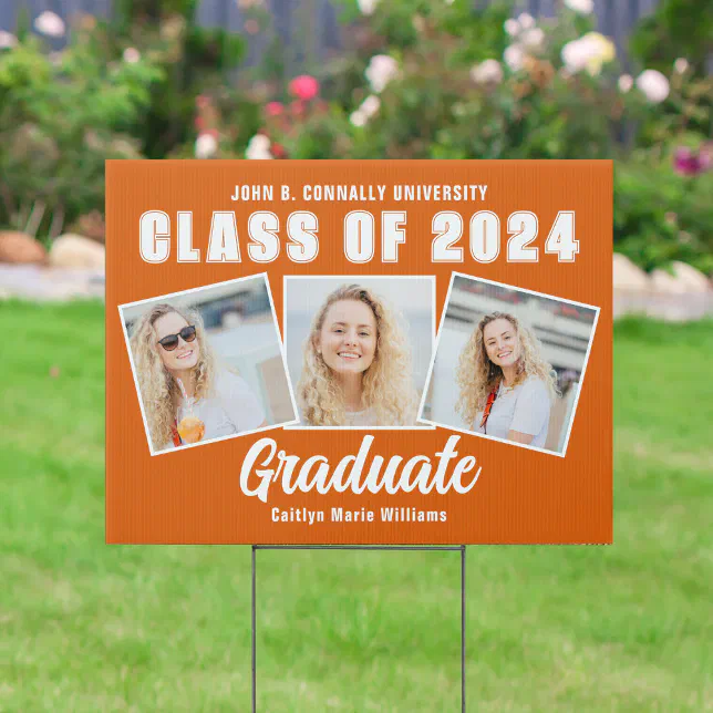 Orange White 2025 Graduation Photo Collage Yard Sign | Zazzle