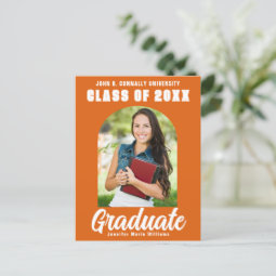 Orange White Graduate Photo Modern Bold Graduation Postcard | Zazzle