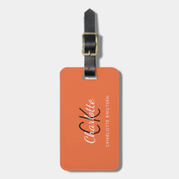 Orange white monogrammed luggage tag | Zazzle
