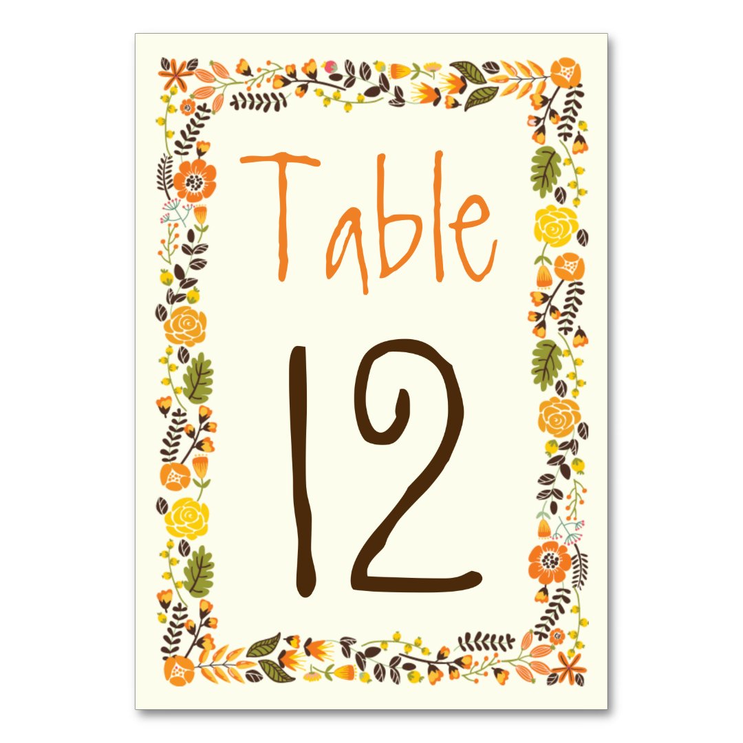 Orange, yellow floral border wedding table number | Zazzle
