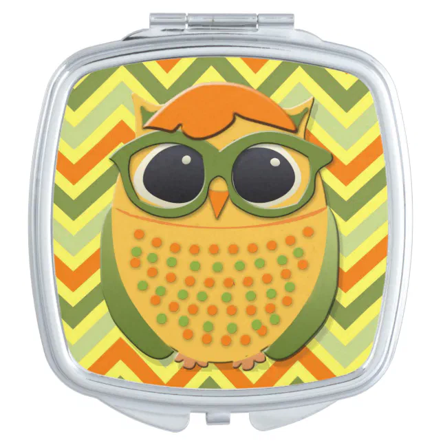 Orange Yellow Green Hipster Owl Compact Mirror | Zazzle