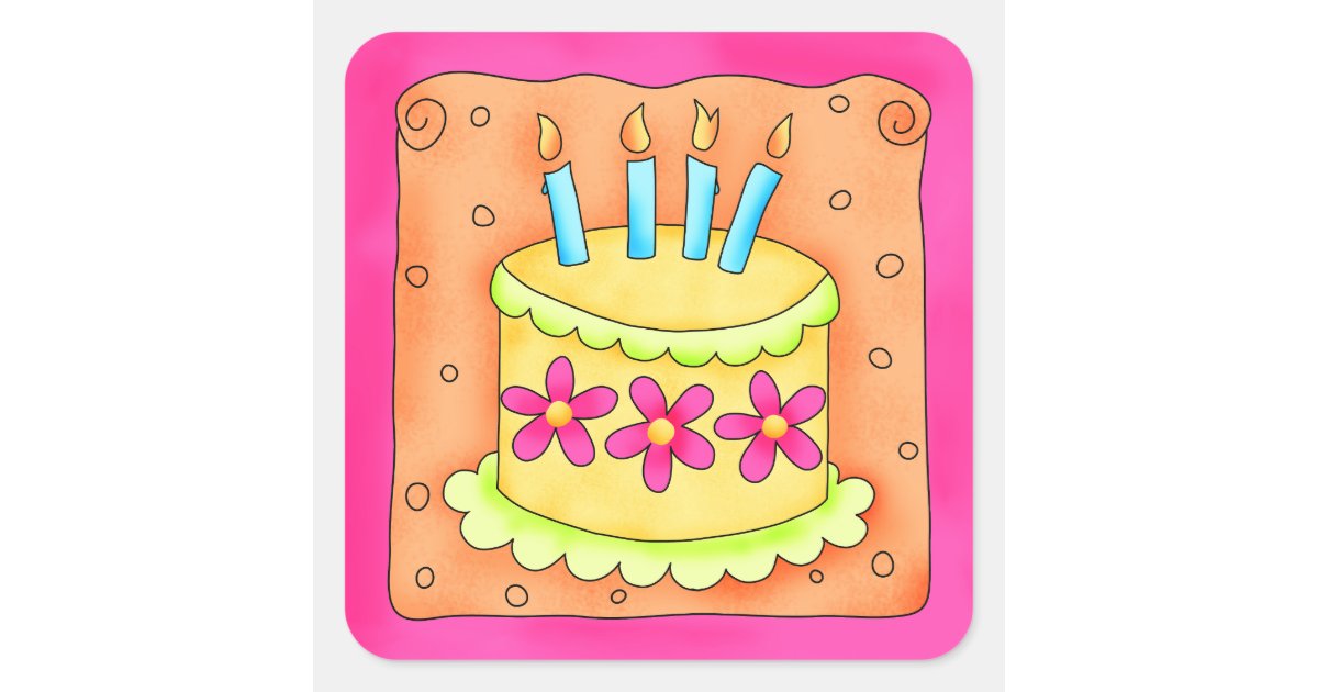 Orange Yellow Happy Birthday Cake Candles Square Sticker | Zazzle
