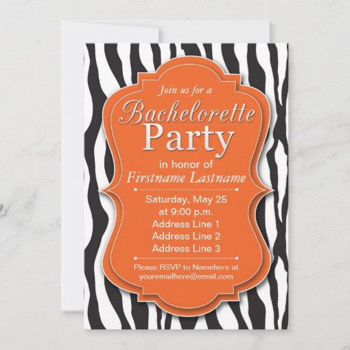 Orange Zebra Print Bachelorette Party Invitations | Zazzle