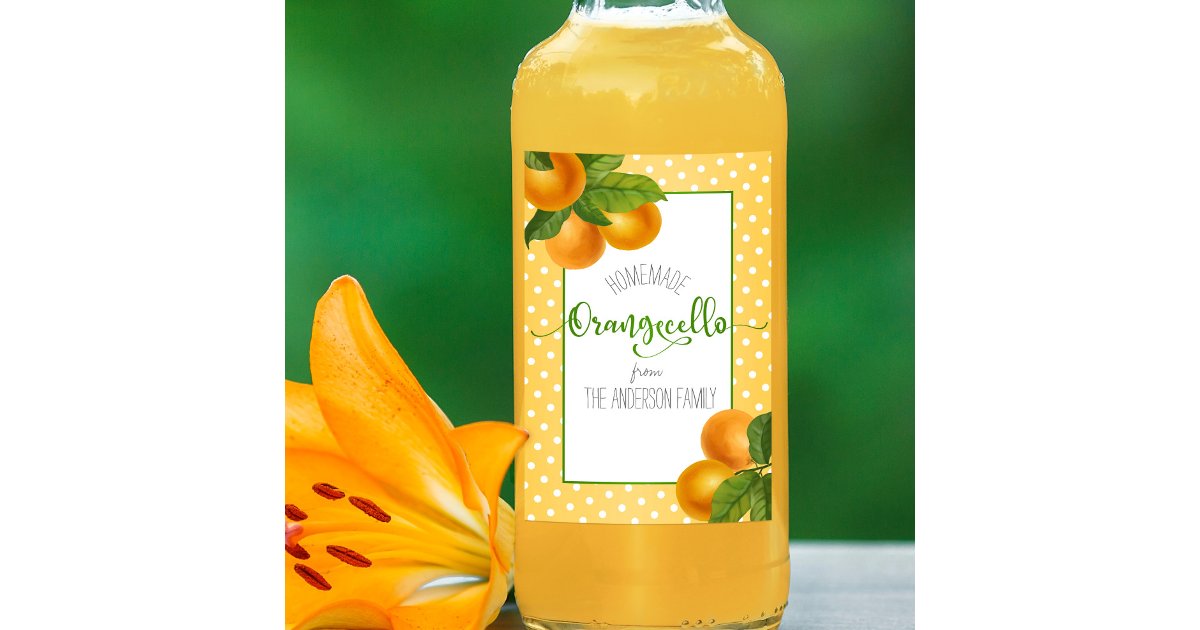 Orangecello watercolor oranges custom script dots wine label | Zazzle
