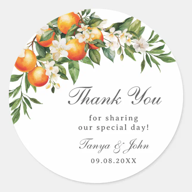 Oranges Citrus Fruits Greenery Orchard Wedding Classic Round Sticker ...