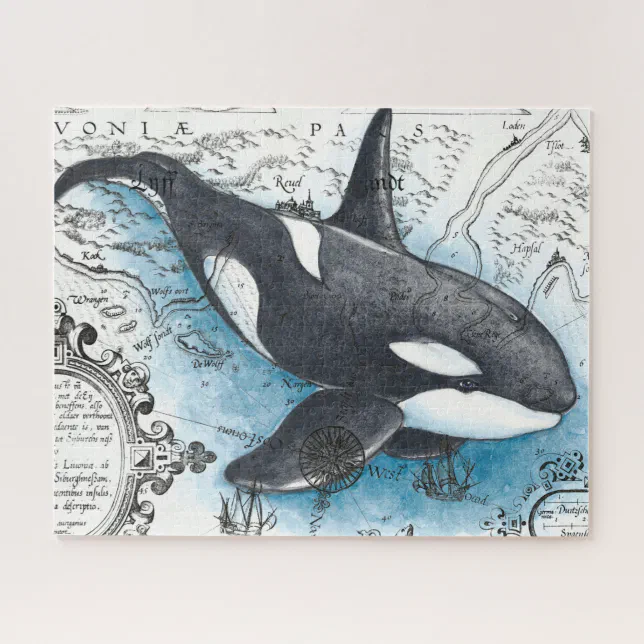 Orca Whale Blue Watercolor Nautical Map Jigsaw Puzzle | Zazzle