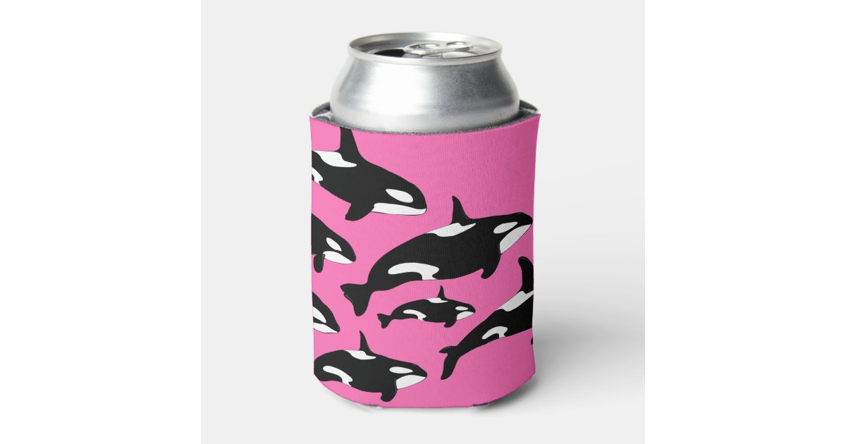 Orca Whale Pattern, Black and White on Hot Pink Can Cooler | Zazzle