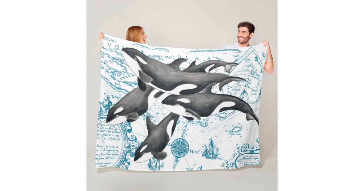 Orca whales family ancient blue fleece blanket | Zazzle