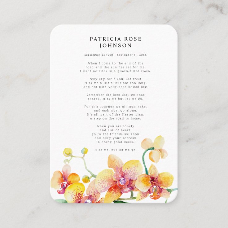 Orchids Photo Sympathy Funeral Memorial Card | Zazzle