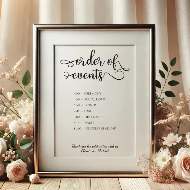 "Order of events" Black timeline Wedding Sign | Zazzle