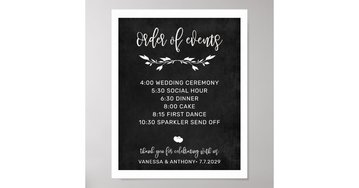 Order of events Chalk wedding sign poster | Zazzle