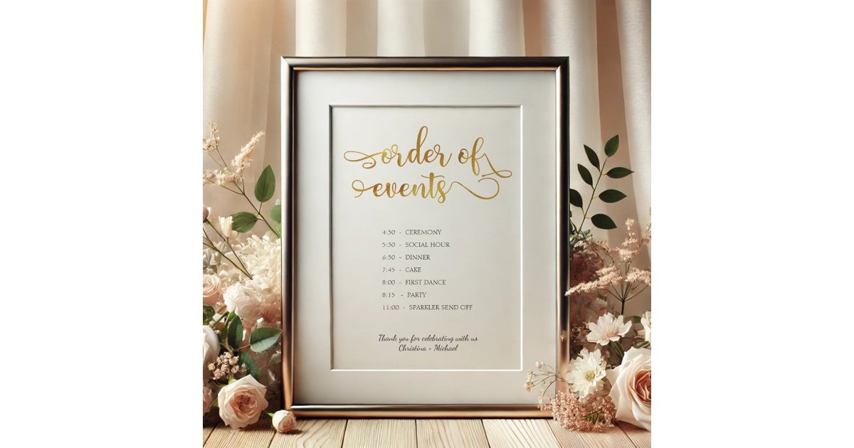 "Order of events" Gold timeline Wedding Sign | Zazzle