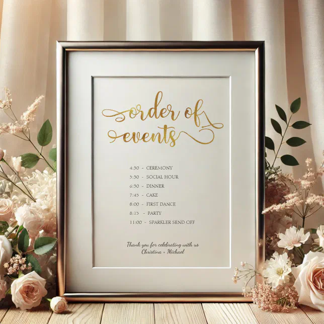 "Order of events" Gold timeline Wedding Sign | Zazzle