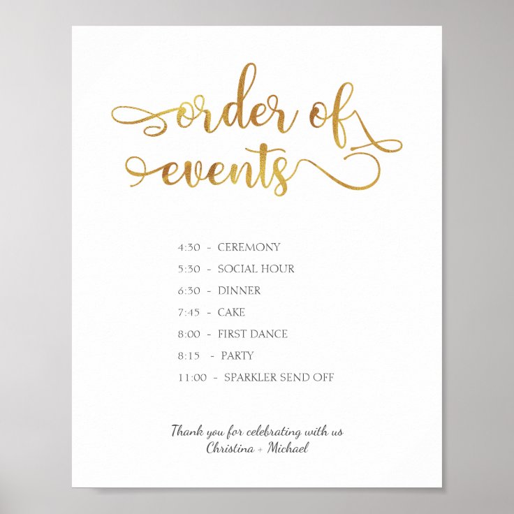 "Order of events" Gold timeline Wedding Sign | Zazzle
