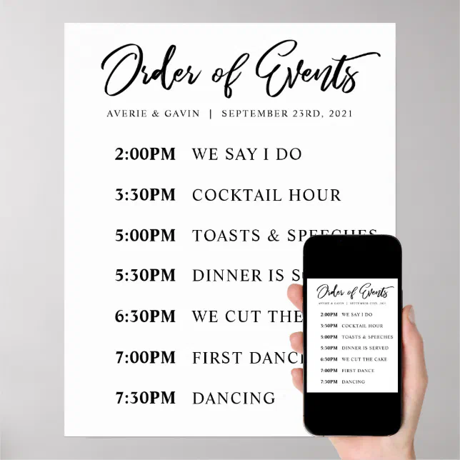 Order of Events Wedding Day Schedule Poster | Zazzle