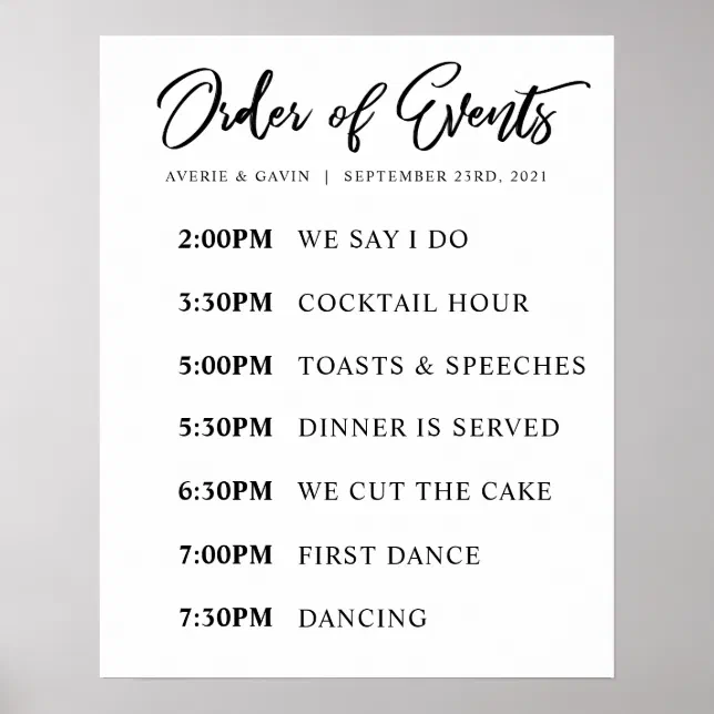 Order of Events Wedding Day Schedule Poster | Zazzle