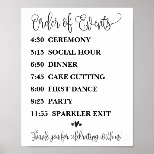 Order of Events Wedding Reception or Ceremony Sign | Zazzle