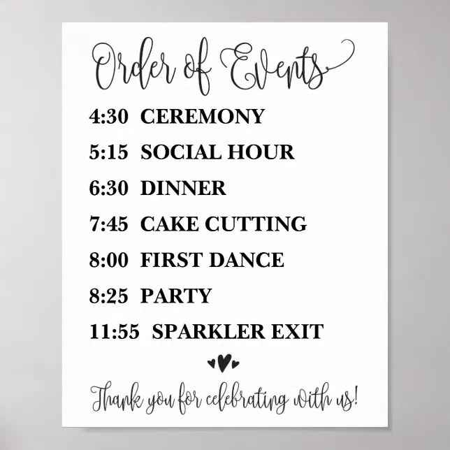 Order of Events Wedding Reception or Ceremony Sign | Zazzle