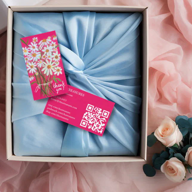 Order THANK YOU Cute Daisy Bouquet Pink QR Code Business Card | Zazzle