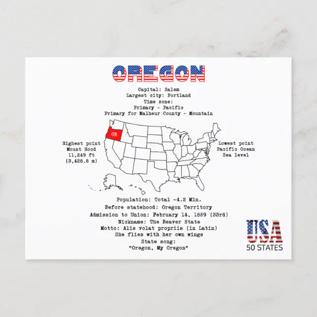 Oregon American state on a map and useful info Holiday Postcard | Zazzle