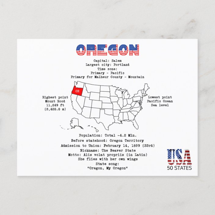 Oregon American state on a map and useful info Holiday Postcard ...