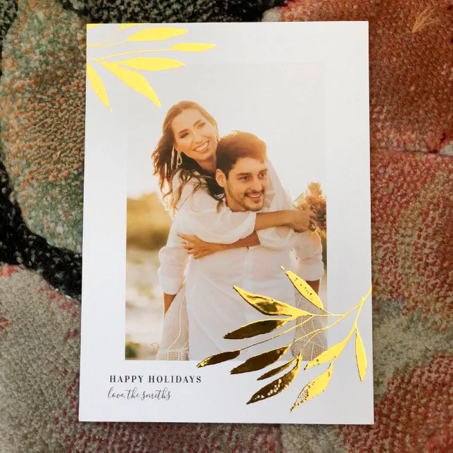 Organic Natural Christmas Wedding Photo Gold Foil Holiday Card | Zazzle