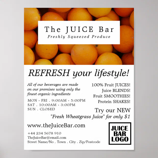 Organic Oranges, Juice Bar Advertising Poster | Zazzle